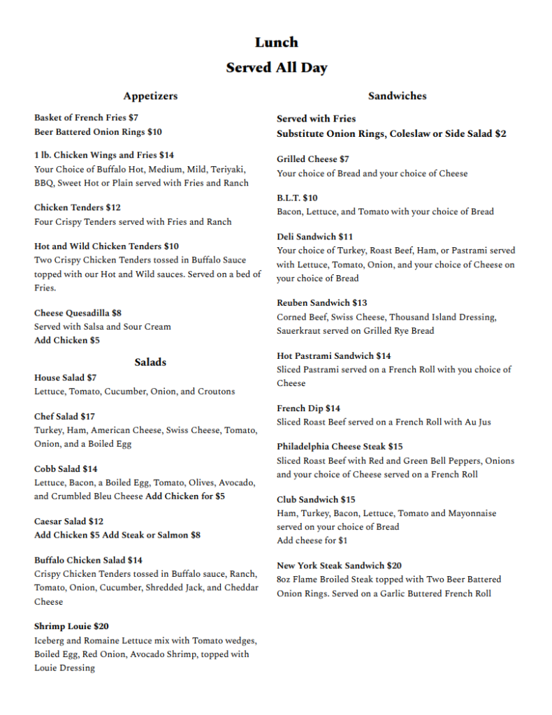 Menu - Mustang Ranch Lounge