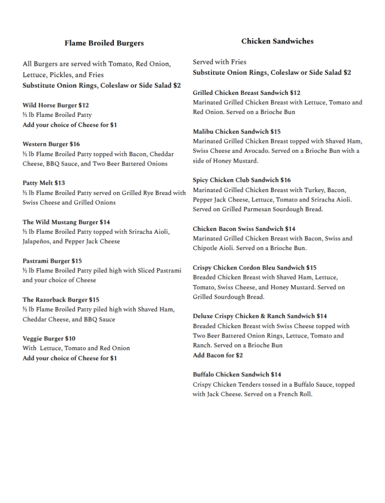 Menu - Mustang Ranch Lounge